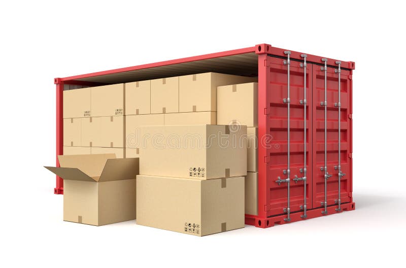 3d Rendering of Red Shipping Container Filled with Cardboard Boxes on ...