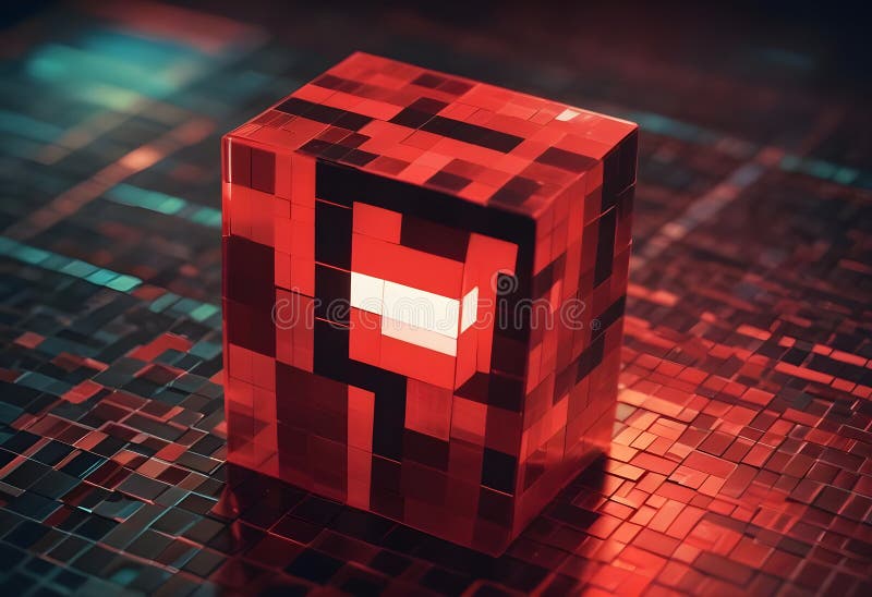 3D Rendering of a Red, Pixelated Cube with a Glowing White Light Inside ...