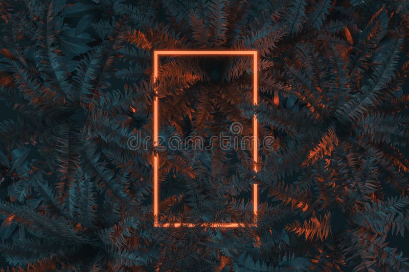 Red Rectangular Neon Light Covered by Fern Leaves. Flat Lay of Minimal ...