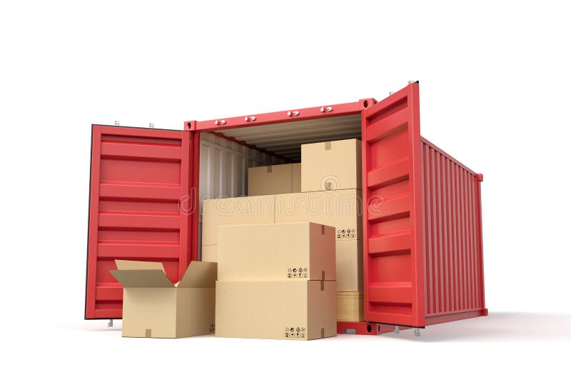 3d Rendering of Red Shipping Container Filled with Cardboard Boxes ...