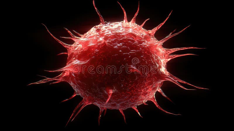 A 3D Rendering of a Red Virus Cell with Spikes Against a Black ...