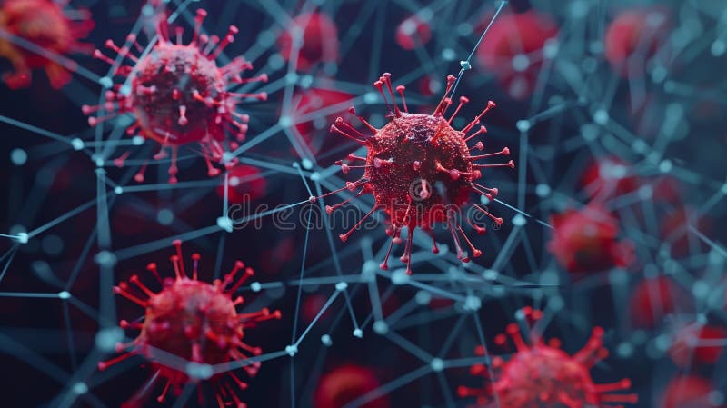 A 3D Rendering of Red Virus Particles Connected by a Blue Network. the ...