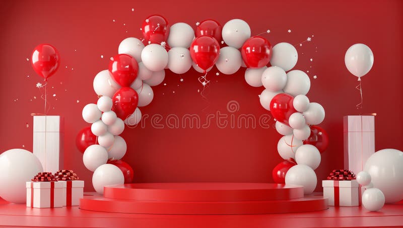 3D Rendering of a Red and White Balloon Arch with Gift Boxes on a ...