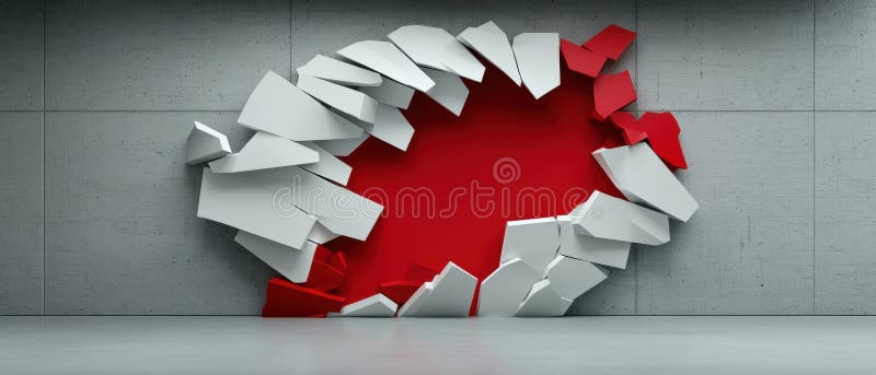 A 3D Rendering of a Red and White Explosion in a Concrete Wall. Stock ...