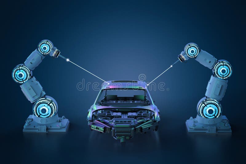 Robot Assembly Line with Car Engine or Machine Stock Illustration ...