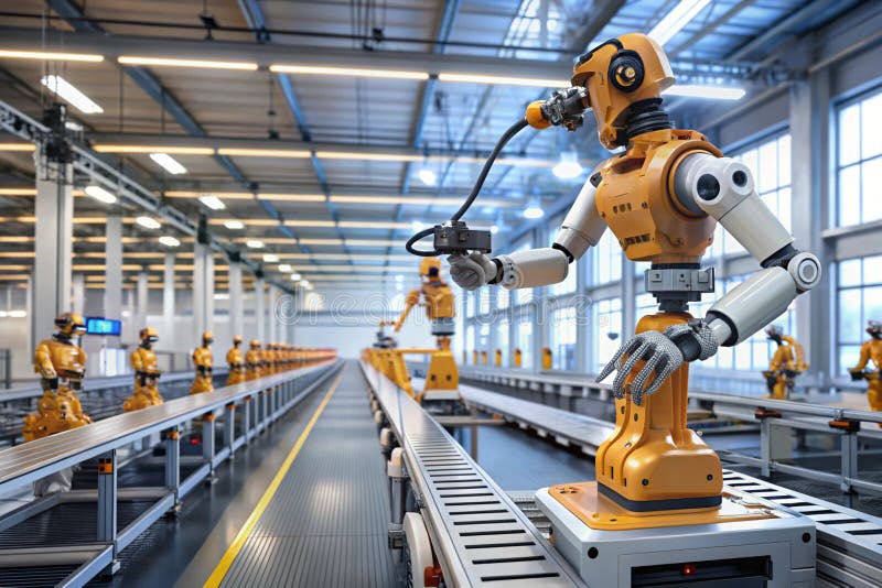 3D Rendering of Robot Assembly Line in Factory Stock Illustration ...