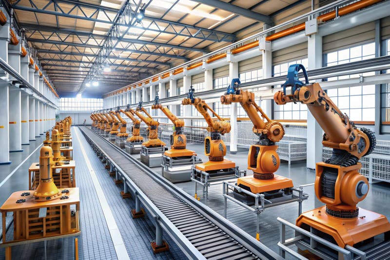 3D Rendering of Robot Assembly Line in Factory Stock Illustration - Illustration of revolution ...