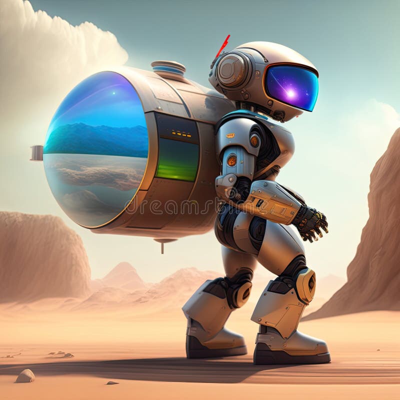 3D Rendering of a Robot in the Desert with a Spaceship in the ...