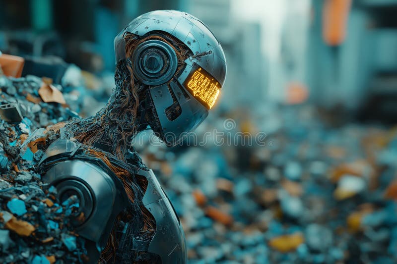 Robot in a Garbage Dump with Trash. Concept of Environmental Pollution ...
