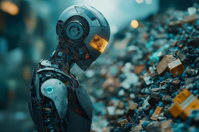 Robot in a Garbage Dump with Trash. Concept of Environmental Pollution ...