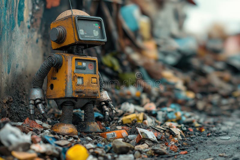 Robot in a Garbage Dump with Trash. Concept of Environmental Pollution ...