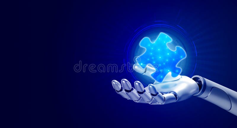 3d Rendering Robot Hand Holding Digital Jigsaw Puzzle Piece on Blue ...