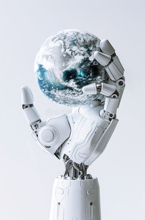 3D Rendering. Robot Hand Holding a Globe. the Concept of Robotization ...