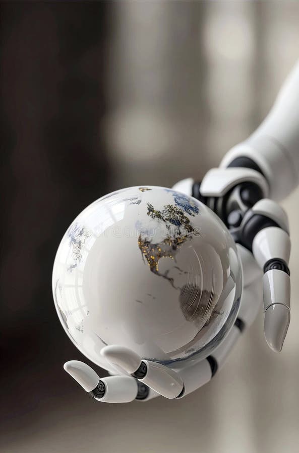 3D Rendering. Robot Hand Holding a Globe. the Concept of Robotization ...