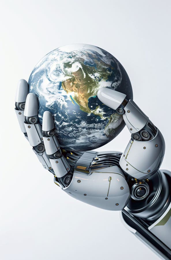 3D Rendering. Robot Hand Holding a Globe. the Concept of Robotization ...