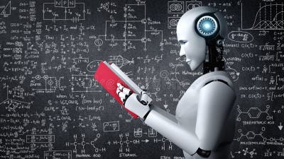 3D Rendering of Robot Hominoid Reading Book and Solving Math Stock Illustration - Illustration ...