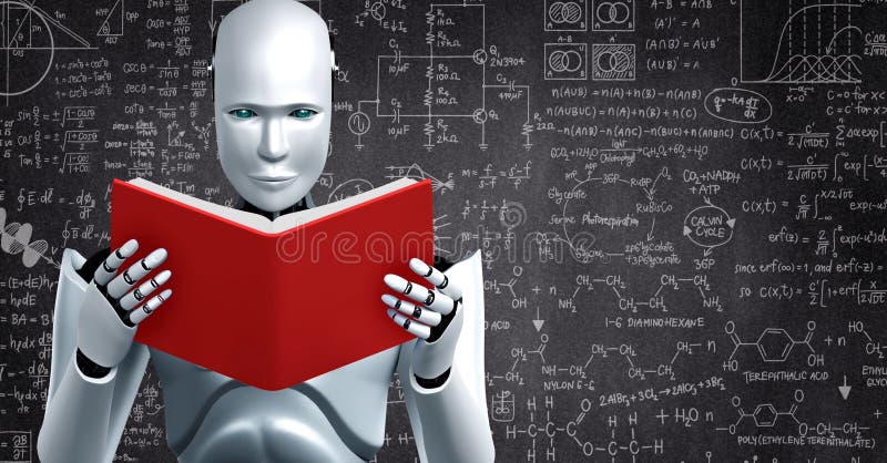3D Rendering of Robot Hominoid Reading Book and Solving Math Stock ...