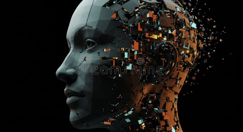 Disintegrating Robotic Head: Futuristic AI Breakdown Stock Illustration ...