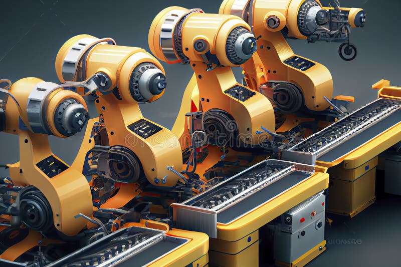 3d Rendering Robotic Machines with Conveyor Line Stock Illustration ...