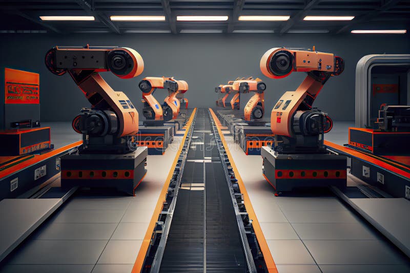 3d Rendering Robotic Machines with Conveyor Line Stock Illustration ...