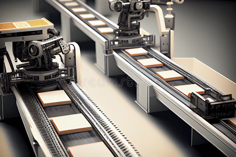 3d Rendering Robotic Machines with Conveyor Line Stock Illustration ...