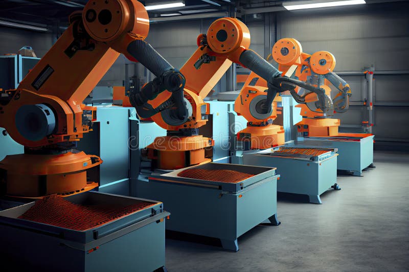 3d Rendering Robotic Machines with Conveyor Line Stock Illustration ...