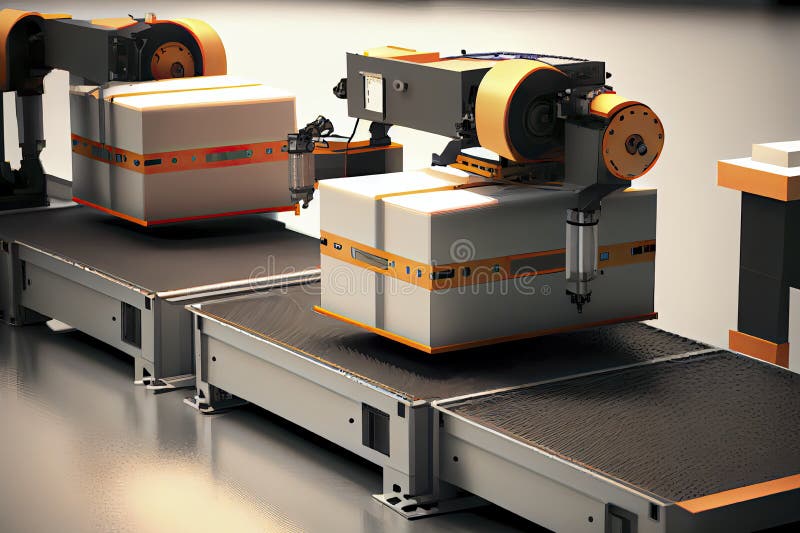 3d Rendering Robotic Machines with Conveyor Line Stock Illustration ...