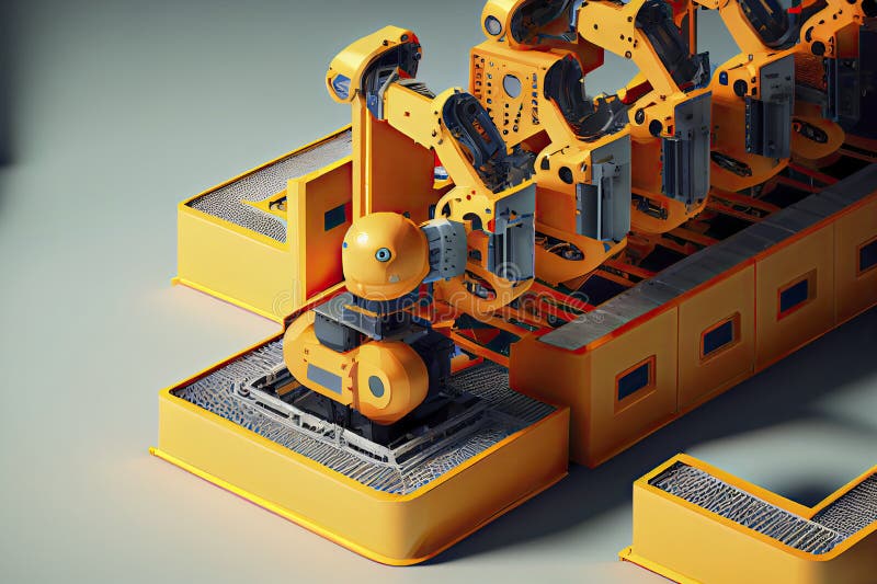 3d Rendering Robotic Machines with Conveyor Line Stock Illustration ...