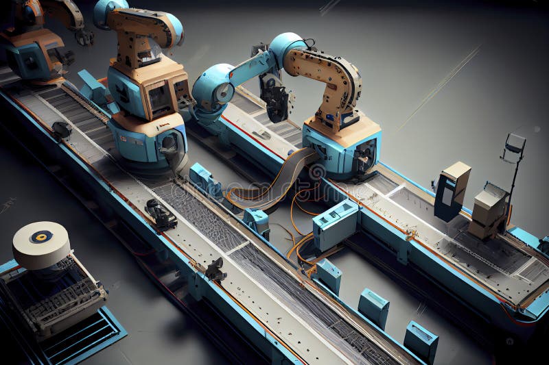 3d Rendering Robotic Machines with Conveyor Line Stock Illustration ...