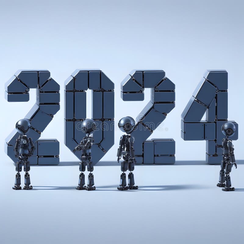 3D Rendering of Robots with Happy New Year 2024 on a Blue Background ...
