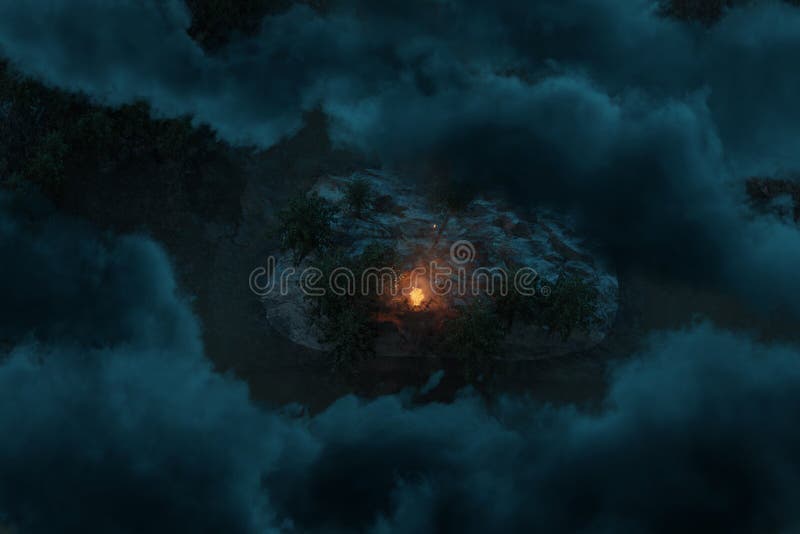 3d Rendering of a Rock Island with Bonfire from Top View Stock ...