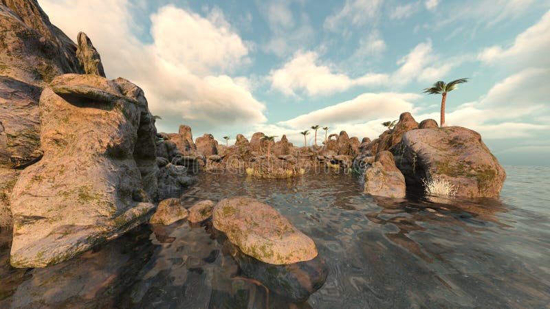 3D Rendering of the Rocky Outcrops Floating in the Sea Stock ...
