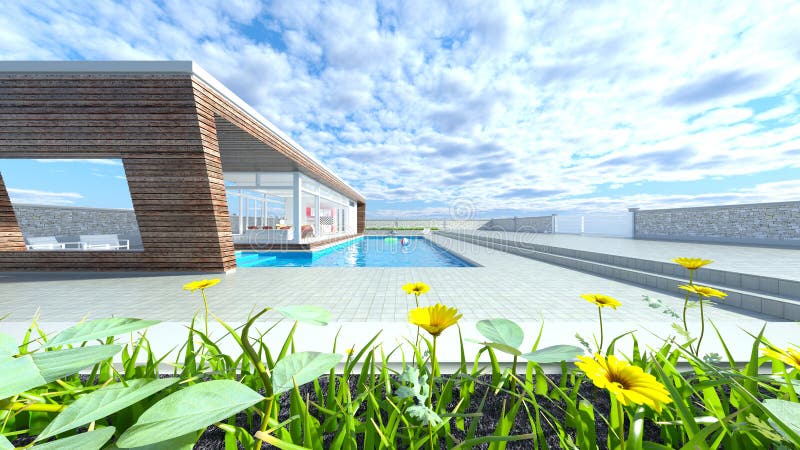 3D Rendering of the Rooftop Swimming Pool Stock Illustration ...