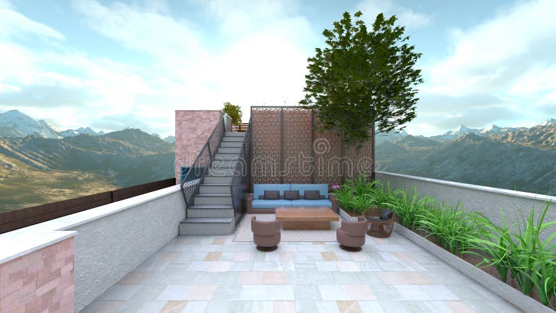 3D Rendering of the Rooftop Terrace Stock Illustration - Illustration ...