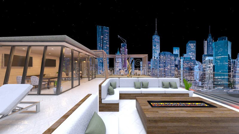 3D Rendering of the Rooftop Terrace with Night View Stock Illustration ...