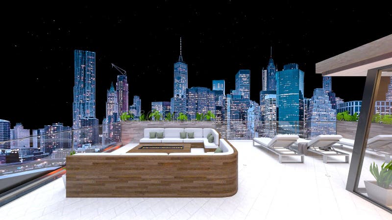 3D Rendering of the Rooftop Terrace with Night View Stock Illustration ...