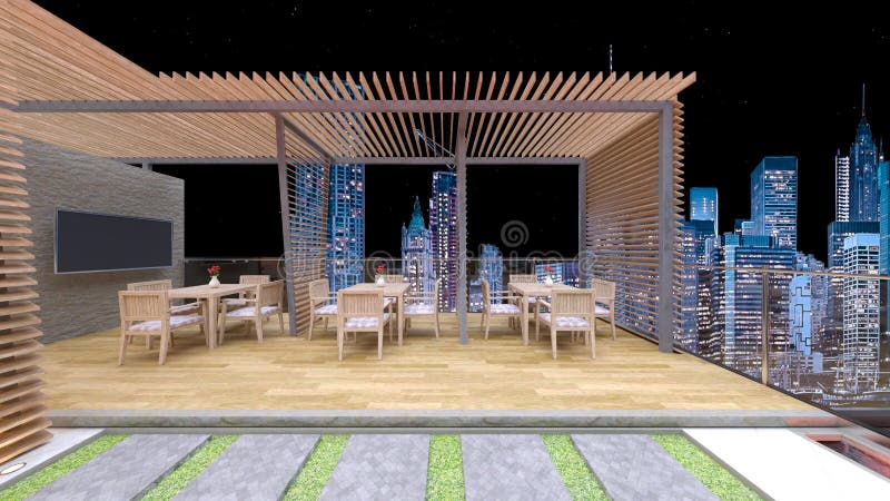 3D Rendering of the Rooftop Terrace with Night View Stock Illustration ...