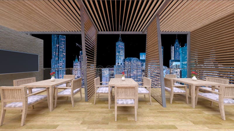 3D Rendering of the Rooftop Terrace with Night View Stock Illustration ...