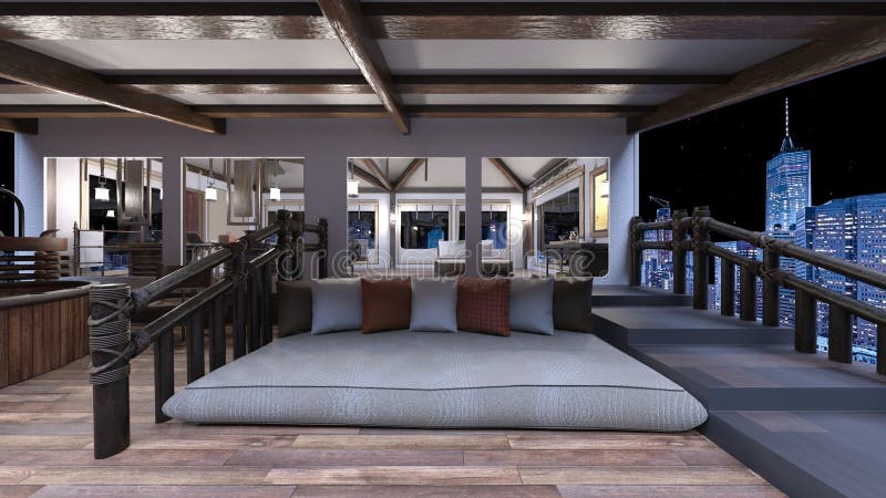 3D Rendering of the Rooftop Terrace with Night View Stock Illustration ...