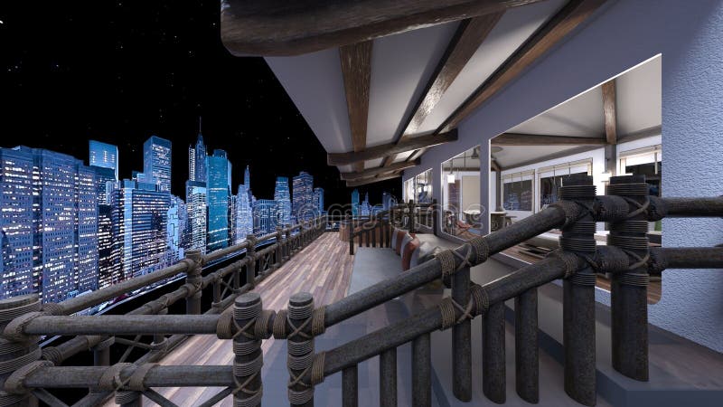 3D Rendering of the Rooftop Terrace with Night View Stock Illustration ...