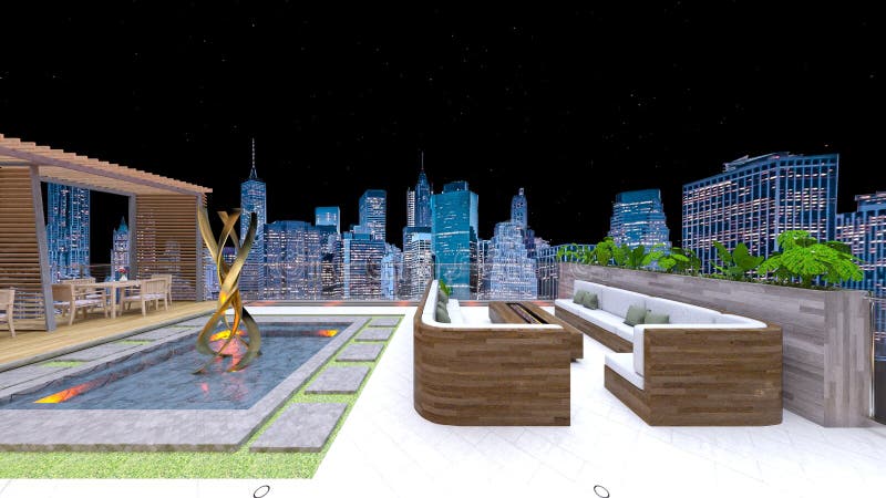3D Rendering of the Rooftop Terrace with Night View Stock Illustration ...
