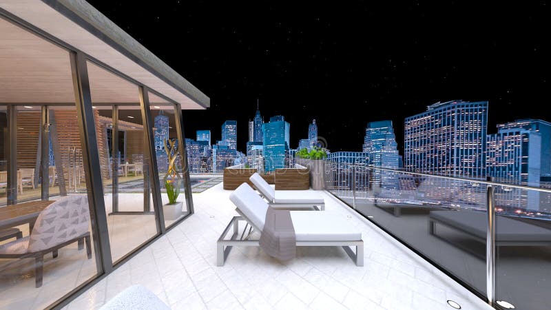 3D Rendering of the Rooftop Terrace with Night View Stock Illustration ...