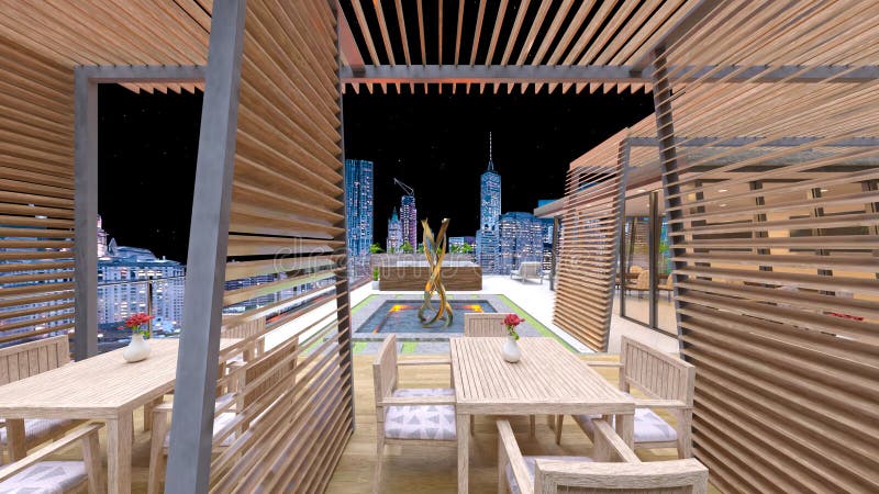 3D Rendering of the Rooftop Terrace with Night View Stock Illustration ...