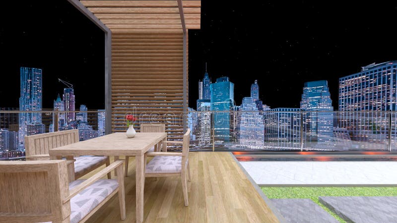 3D Rendering of the Rooftop Terrace with Night View Stock Illustration ...