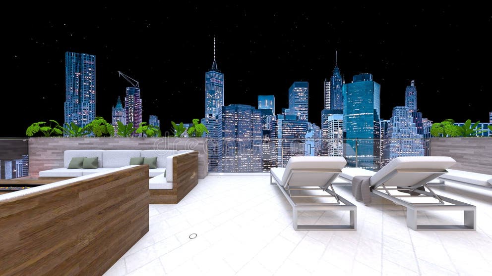 3D Rendering of the Rooftop Terrace with Night View Stock Illustration ...