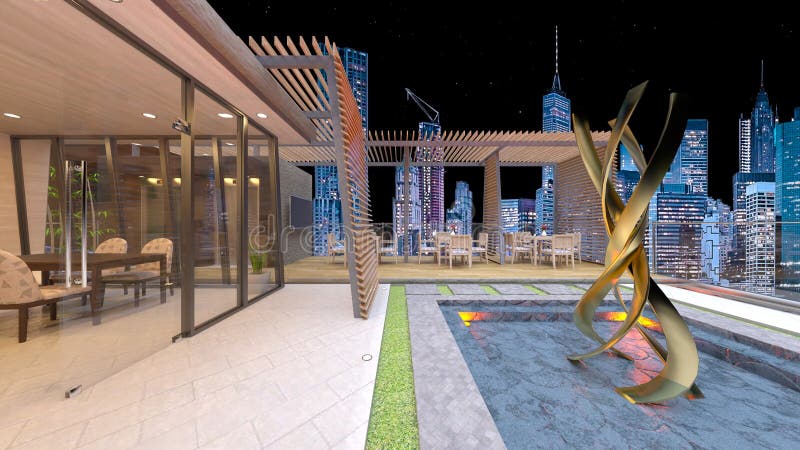 3D Rendering of the Rooftop Terrace with Night View Stock Illustration ...