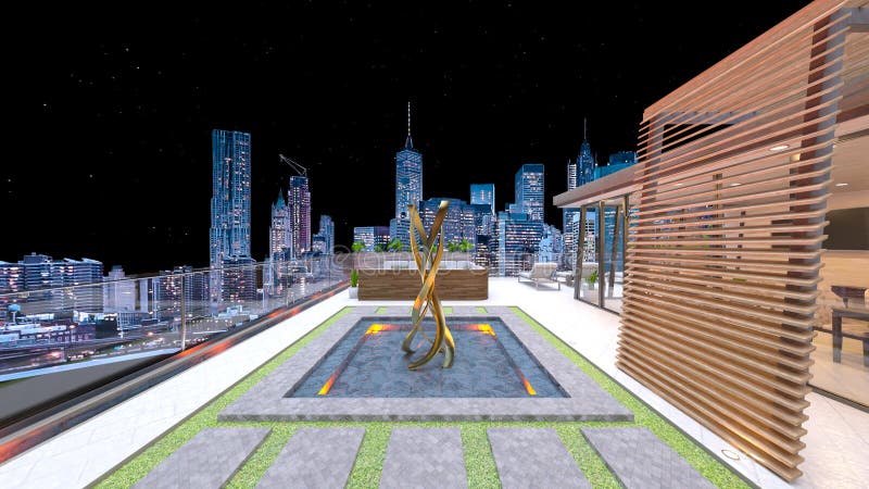 3D Rendering of the Rooftop Terrace with Night View Stock Illustration ...