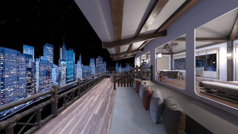3D Rendering of the Rooftop Terrace with Night View Stock Illustration ...