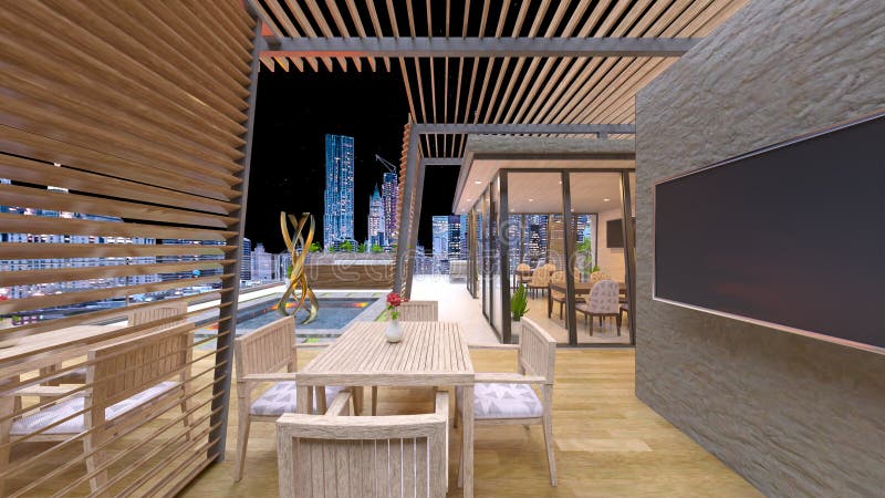 3D Rendering of the Rooftop Terrace with Night View Stock Illustration ...