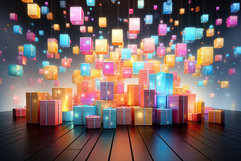 A 3D Rendering of a Room Filled with Brightly Colored, Glowing Gift ...